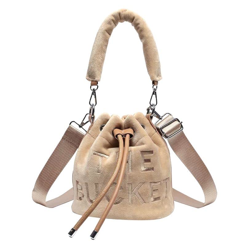 JQAliMOVV Mini Bucket Bag for Women, Purses Soft Plush Crossbody Drawstring Handbags, Hobo Bag (Khaki)