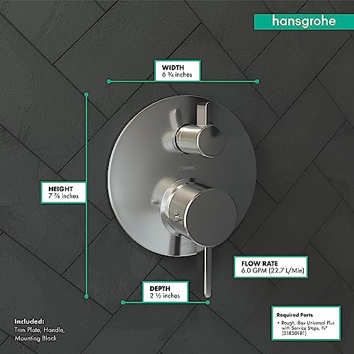 hansgrohe 04230000 S Thermostatic Trim with Integrated Volume Control-Less Valve, 6.75 x 6.75 x 3.00 Inches, Chrome