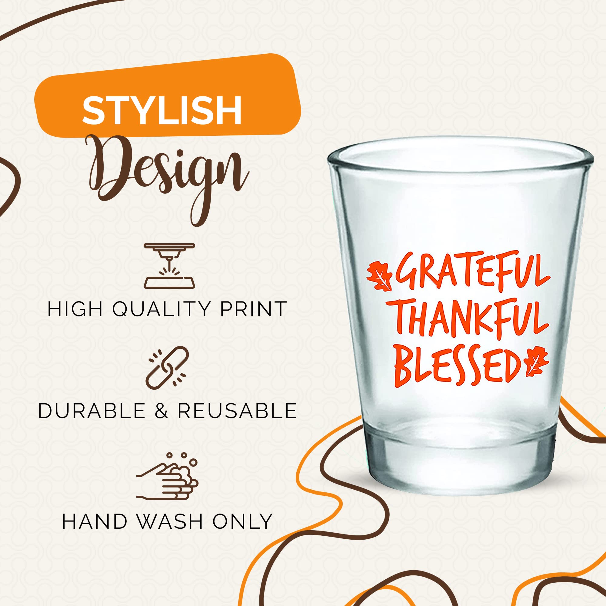 Grateful, Thankful,Blessed Thanksgiving Shot Glasses - Set of 12 Glass Turkey Day Holiday Drinkware - Fall Decor Drink Accessories with Double-Sided Prints - Novelty Home & Friends Giving