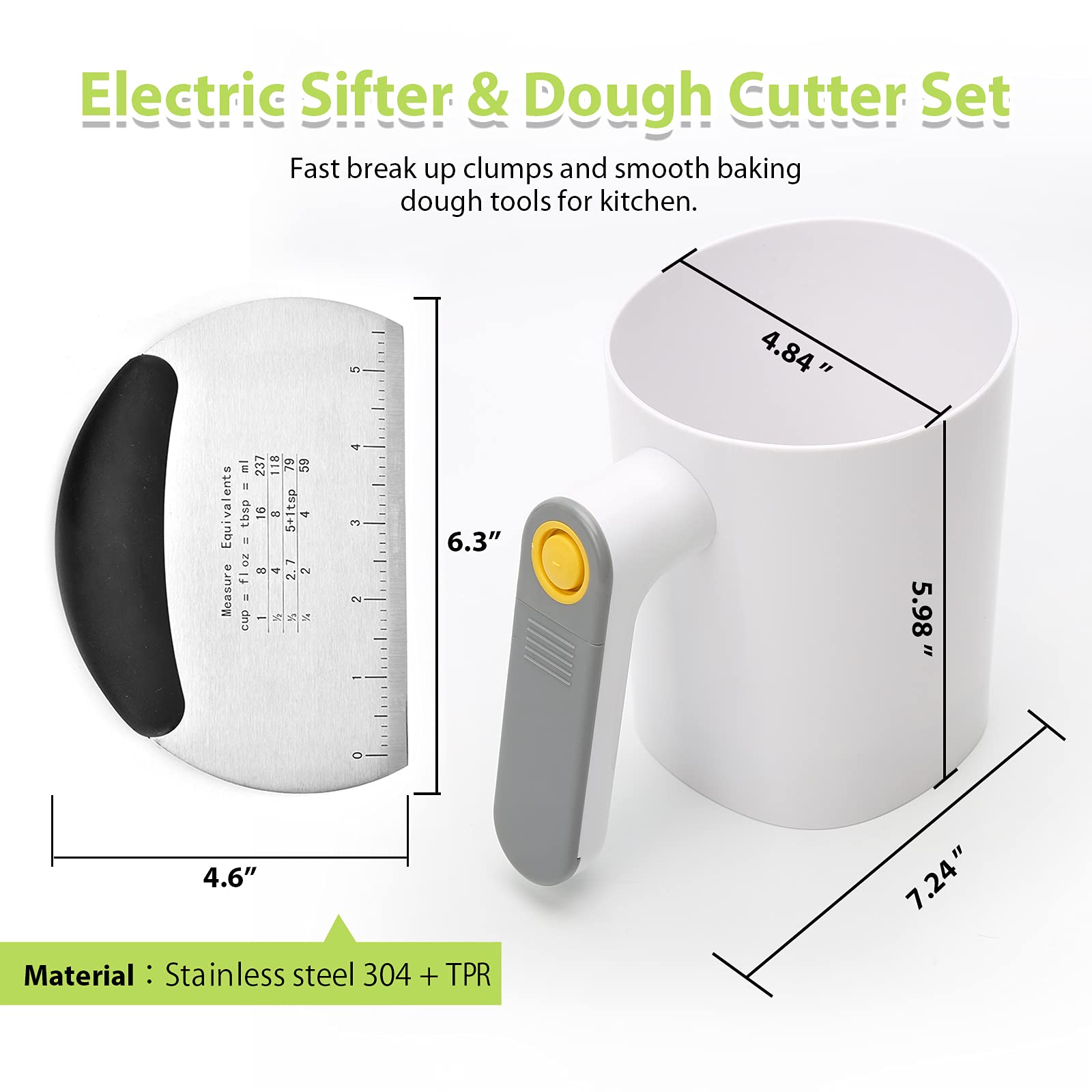 Erivibor Battery Operated Flour Sifter Electric Hand-held Flour Sieve with Dough Scraper Kitchen Baking Tool Powder Filter Food-grade Plastic Body and SS430 Filter Mesh, 4 Cup/1L Capacity, White