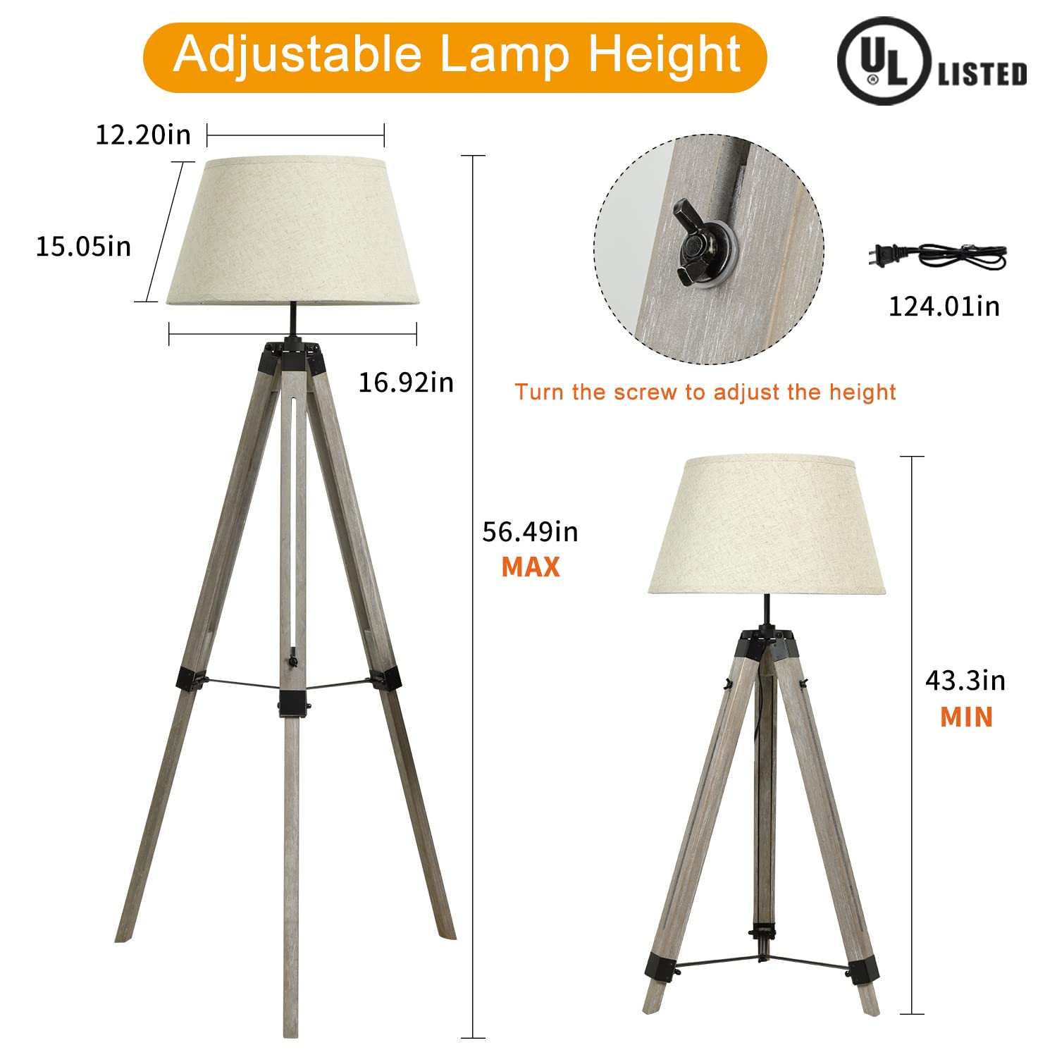DINGLILIGHTING Led Tripod Floor Lamp Wood Mid Century Modern Reading Lamp,8W Rustic Standing Lamps Farmhouse for Living Room Bedroom Study Room and Office,Flaxen Lamp Shade with E26 Lamp Base