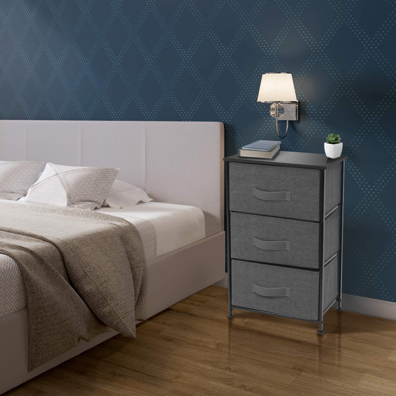 Sorbus Nightstand with 3 Drawers - Bedside Furniture & Night Stand End Table Dresser with Steel Frame, Wood Top, Easy Pull Fabric Bins for Home, Bedroom Accessories, Office & Dorm