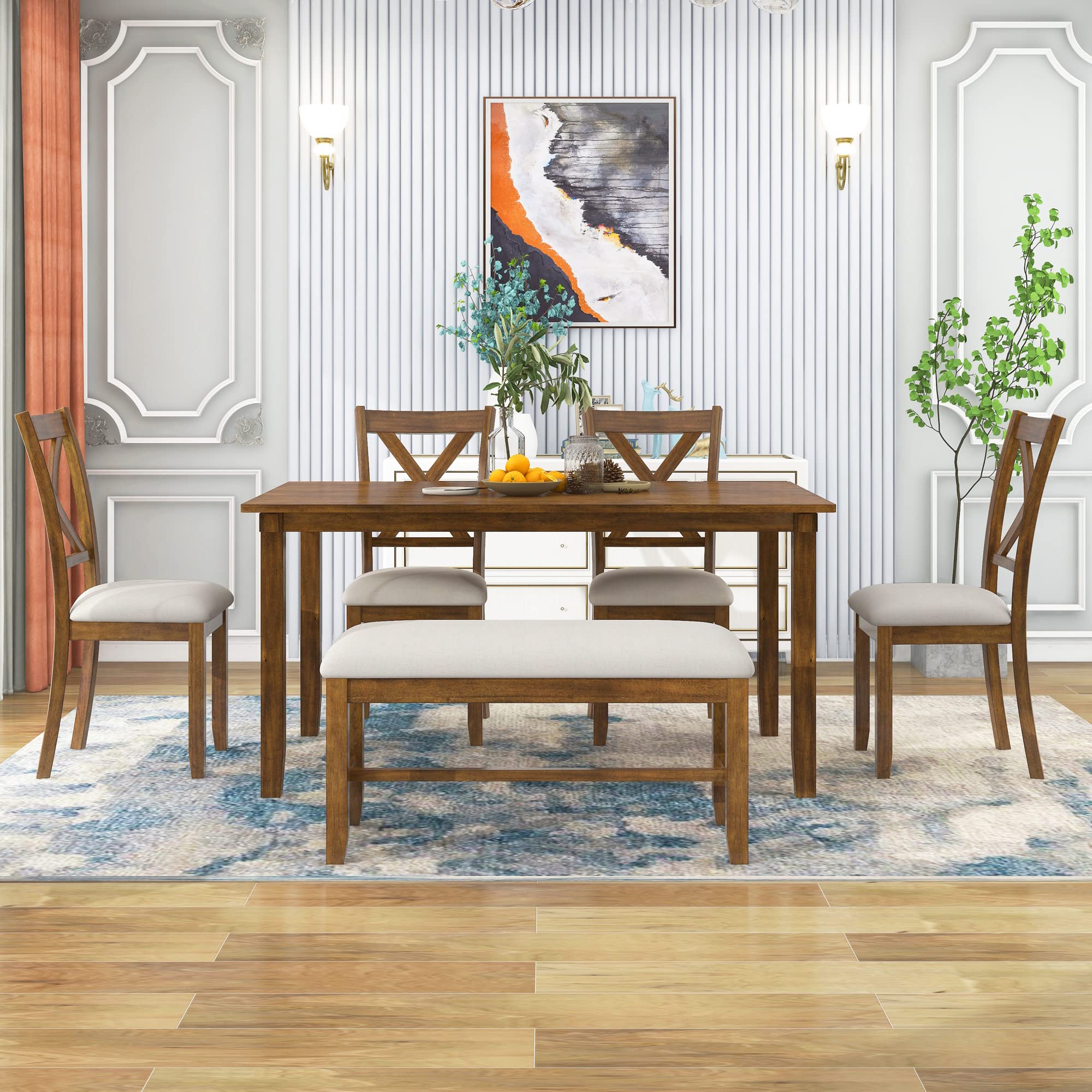 Cutimrke 5-Piece Faux Marble Kitchen, Furniture 4 Nested Nails Decor, Table/Chairs Set for Dining Room, Cushion, White/Beige + Black