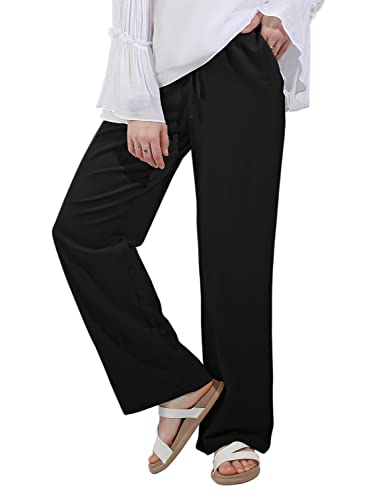 utcoco Women's Cotton Linen Drawstring High Waisted Pants Casual Loose Fit Wide Leg Trousers (L, Black)