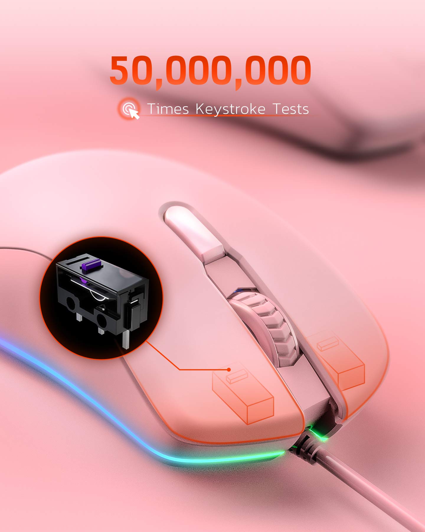 DAREU Wired Pink Gaming Mouse, 6400DPI,6 Programmable Buttons, Ergonomic RGB Gaming Mouse with 16.8 Million Chroma 7 Backlit for PC, Laptop, and Notebook (Pink)
