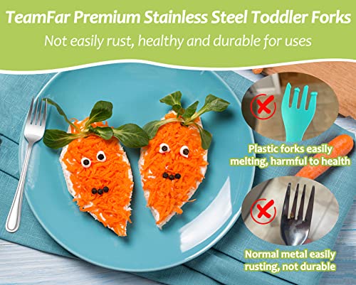 TeamFar Toddler Forks, 6 Pcs Stainless Steel Kids Utensil Small Fork for Child Self Feeding, with Line Patterned Edge, Non Toxic & Healthy, Mirror Surface & Dishwasher Safe, Easy to Grip