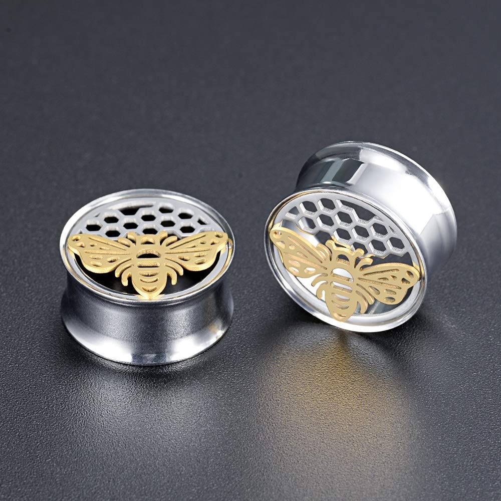 COOEAR Stainless Steel Honeybee Ear Gauges Double Flared Tunnels for Ears Piercing Unscrew Ear Stretchers.