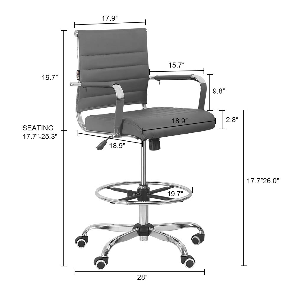 Drafting Chair Stool with Footring,Computer Chair with Arm PU Wrap,Footrest Height Adjustable,Padded Tall Ribbed,Back Support ,Swivel Rolling,Footrest,Office Chair Swivel Computer Task Chair (Grey)