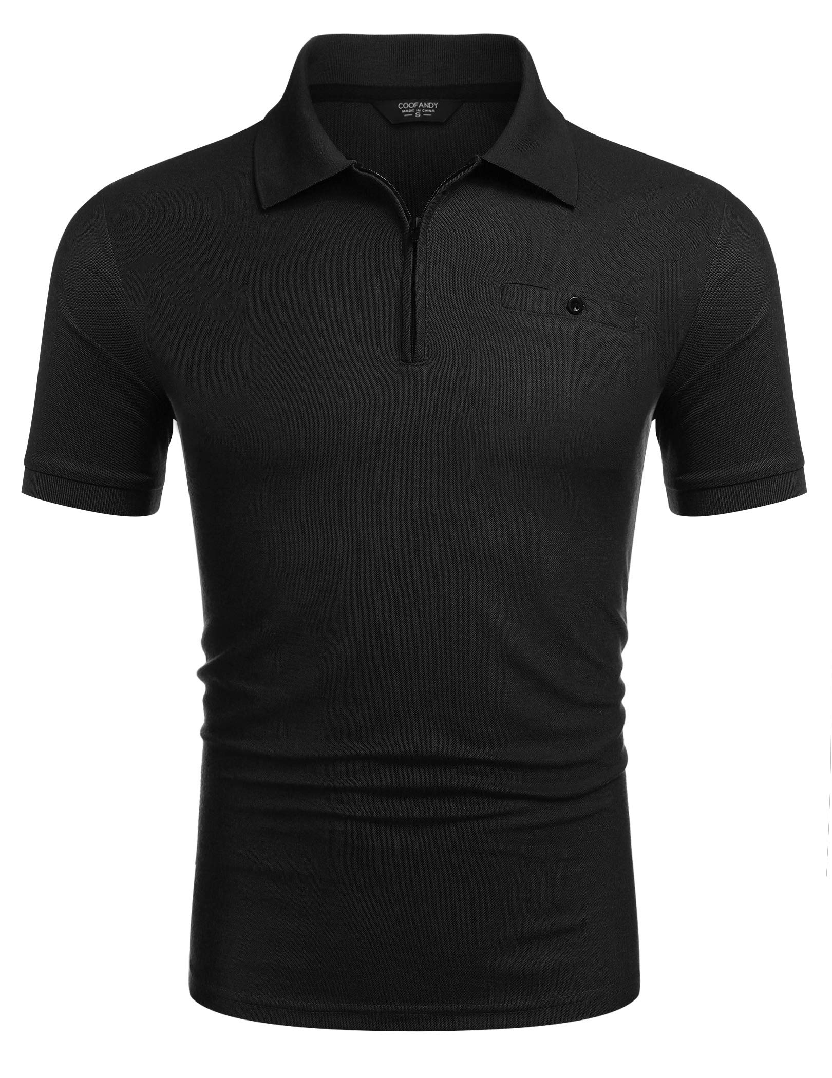 COOFANDY Men's Short Sleeve Front Zipper Polo Shirts Uniform Fitted Pique Polo Shirts Black
