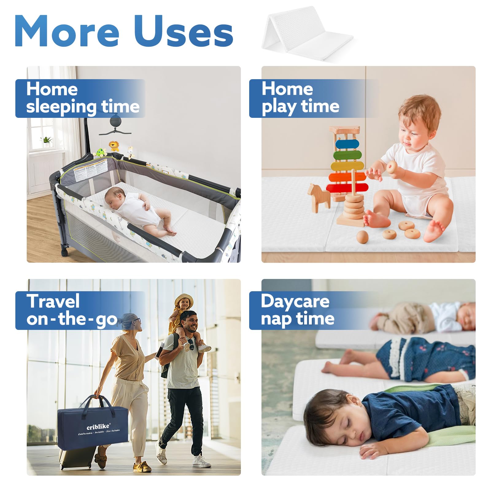 Criblike Trifold Pack and Play Mattress, Waterproof Playpen Mattress, Portable Crib Mattress Topper, with Soft Washable Cover, 38ββx26ββ
