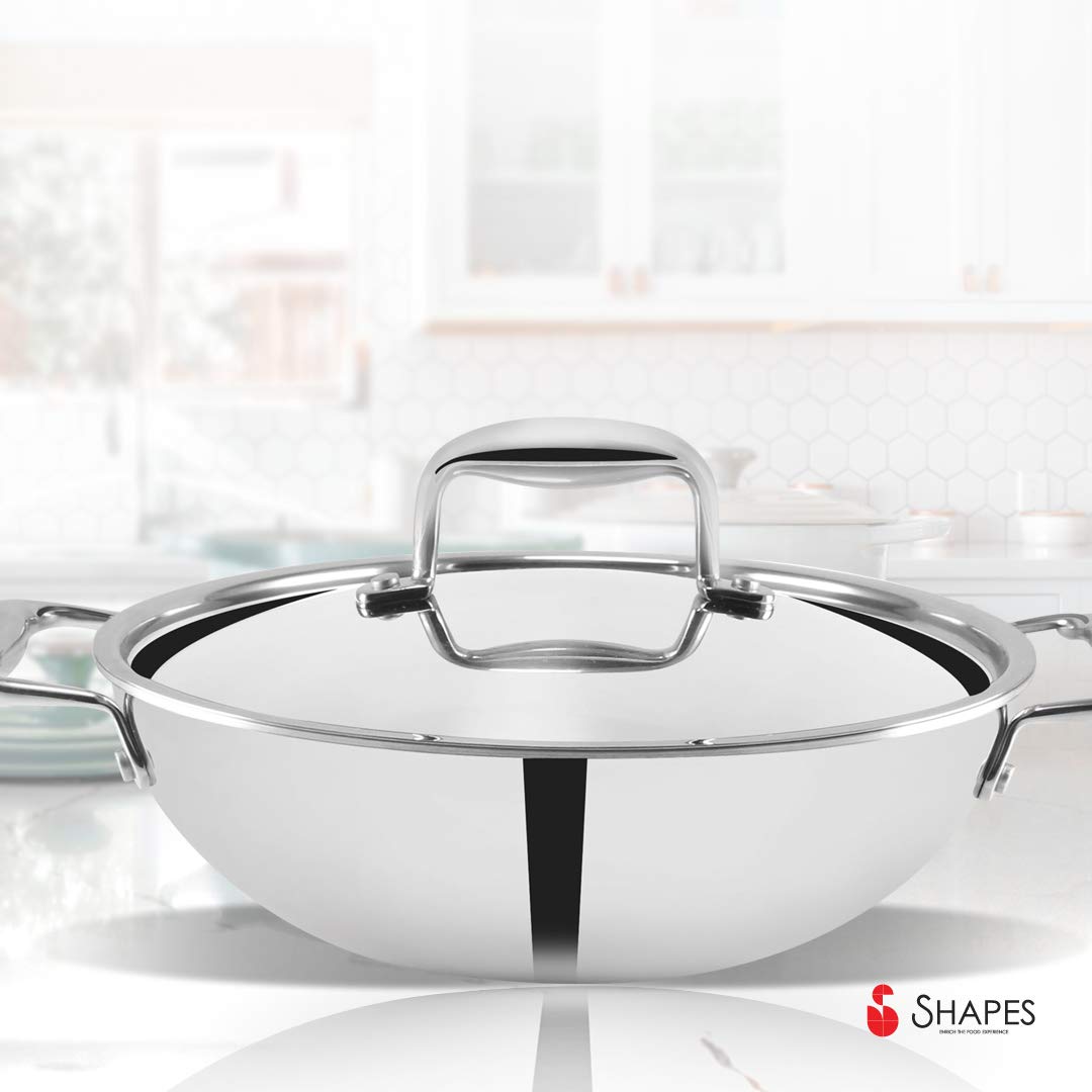 Shapes Stainless Steel Cookware Tri-Ply Wok with Lid, Multipurpose Pan, Capacity - 4 Quart, Silver - Use for Home, Kitchen and Restaurant - Easy to Clean and Dishwasher Safe
