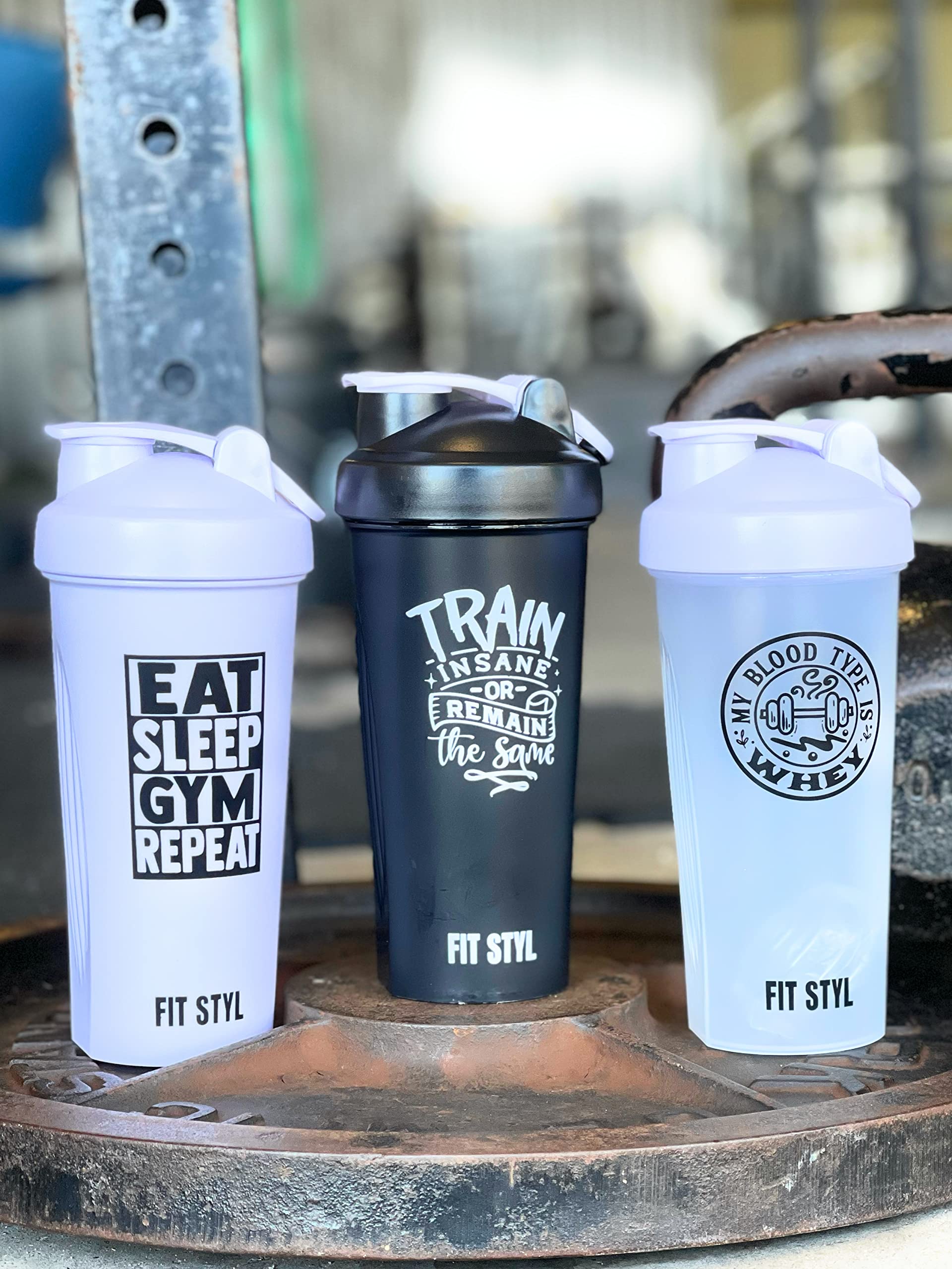 Generic FIT STYL Protein Shaker cup Set [3 PACK] 28 oz blender bottle, gift gym, new years resolution, Black, White, and Opaque