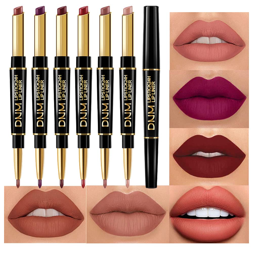 evpct 6Pcs Waterproof Lip Liner and with Lipstick Set Kit Last All Day DNM Chestnut Nude Dark Brown Matte Red 24 Hour long lasting 24 pen labiales mate 24 horas originales