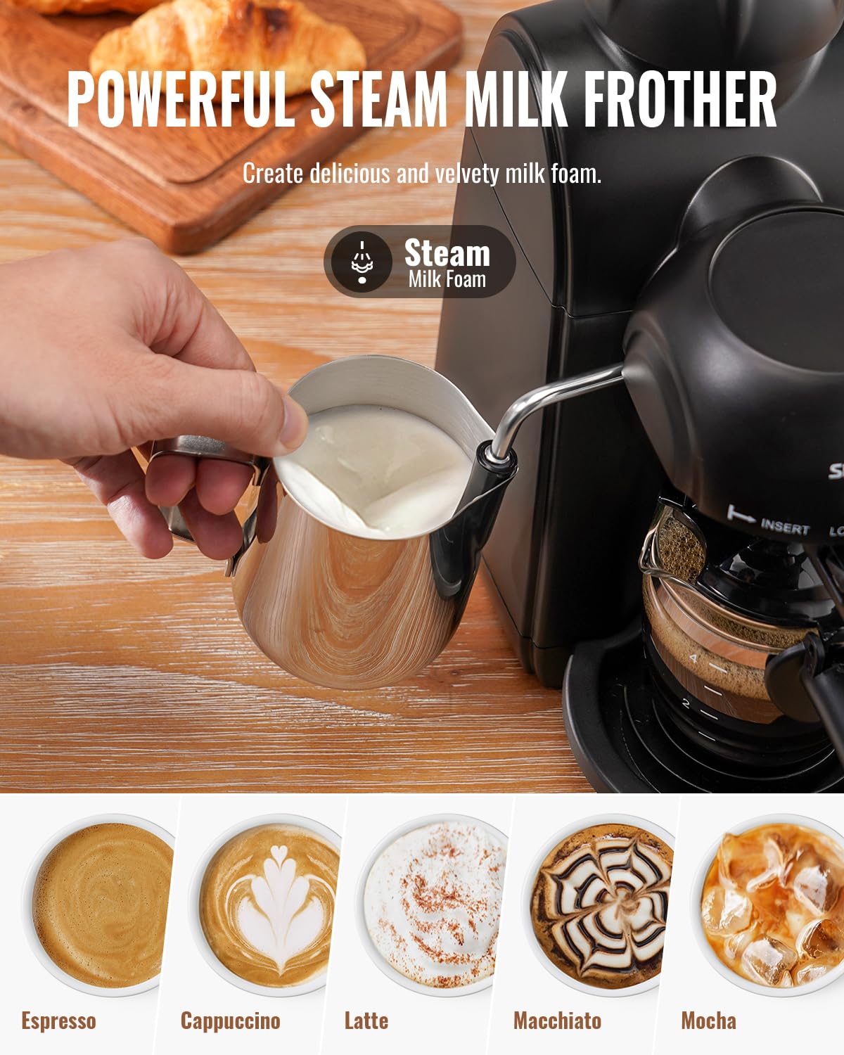 SHARDOR Espresso Machine with Powerful Steamer, 5-Bar Cappuccino Espresso Maker with Steam Milk Frother, 1-4 Cup Latte Coffee Maker for Home, Black