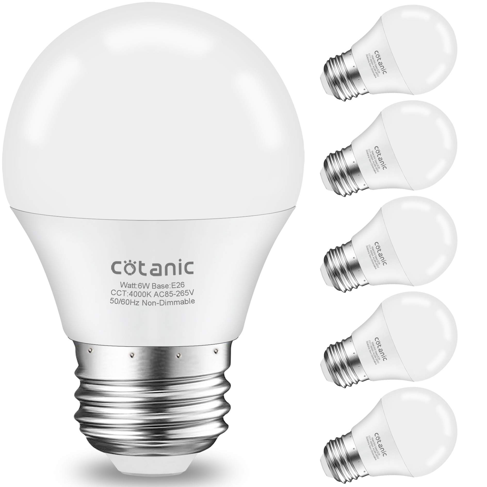 Cotanic A15 LED Bulb, Ceiling Fan Bulbs 6W (60W Equivalent),4000K Natural Daylight,E26 Standrad Base Light,600lm,CRI 80+ LED Globe Shape Bulb,Non-Dimmable,6 Packs