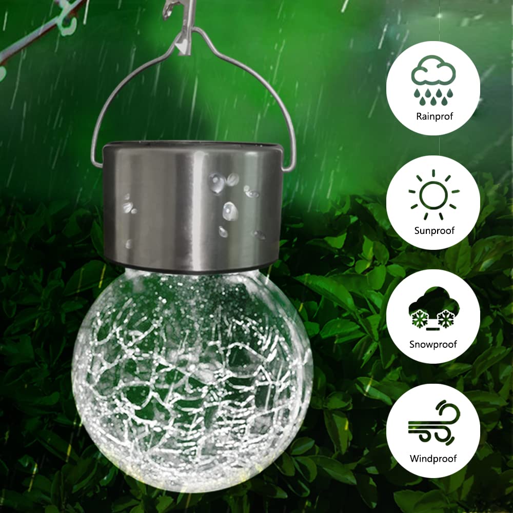 Enee ELee 12 Pack Hanging Solar Lights Outdoor Cracked Glass Ball Light Solar Powered Waterproof Outside Globe Lighting with Clips for Garden Yard Patio Trees Fence Decorations(Cool White)