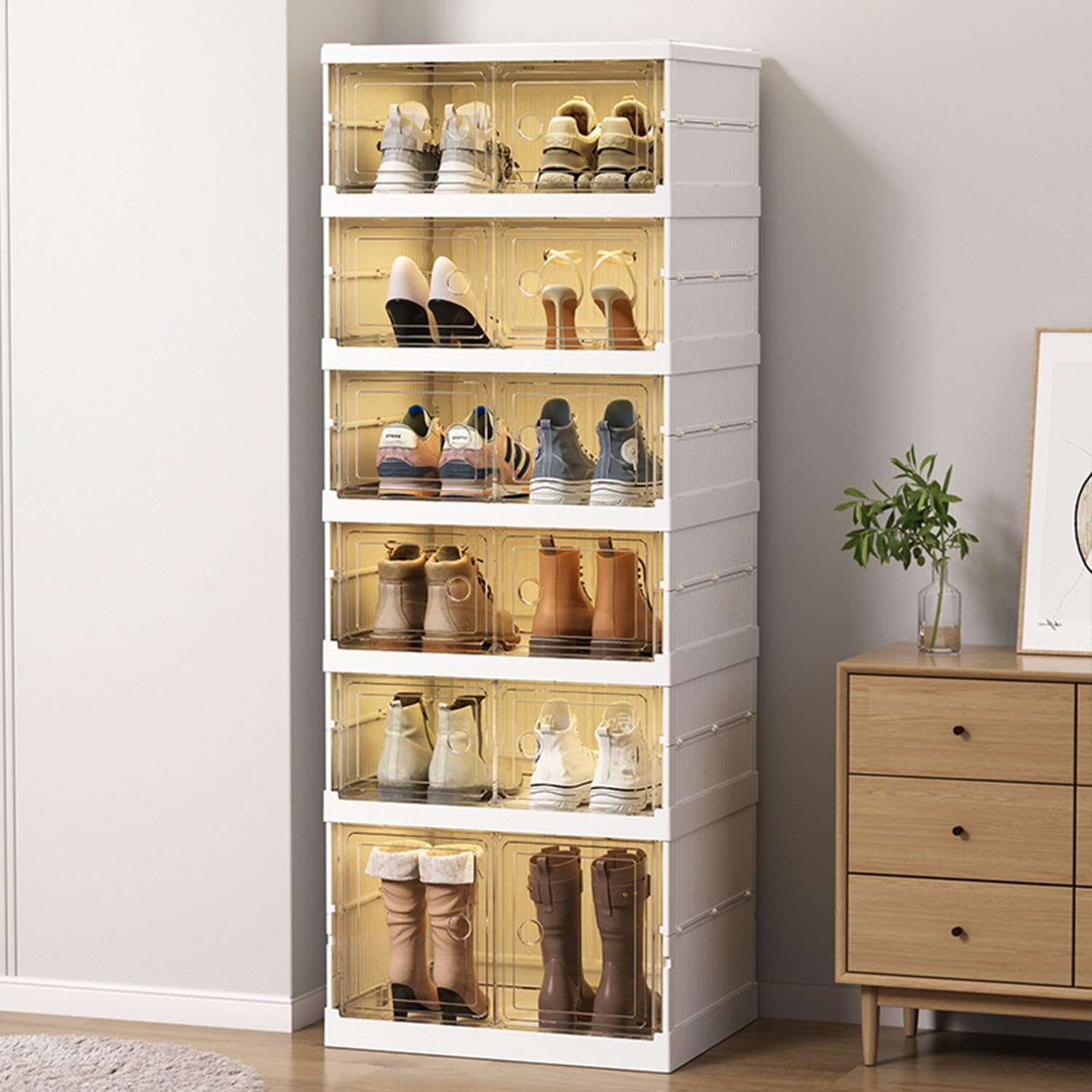 Karida 9-Tier Foldable Shoe Cabinet,Can Store 36 Pairs of Shoes,Plastic Collapsible Shoes Storage Box Clear Shoe Boxes Stackable with Door Easy Assembly Shoe Cabinet Bins with Lids Large