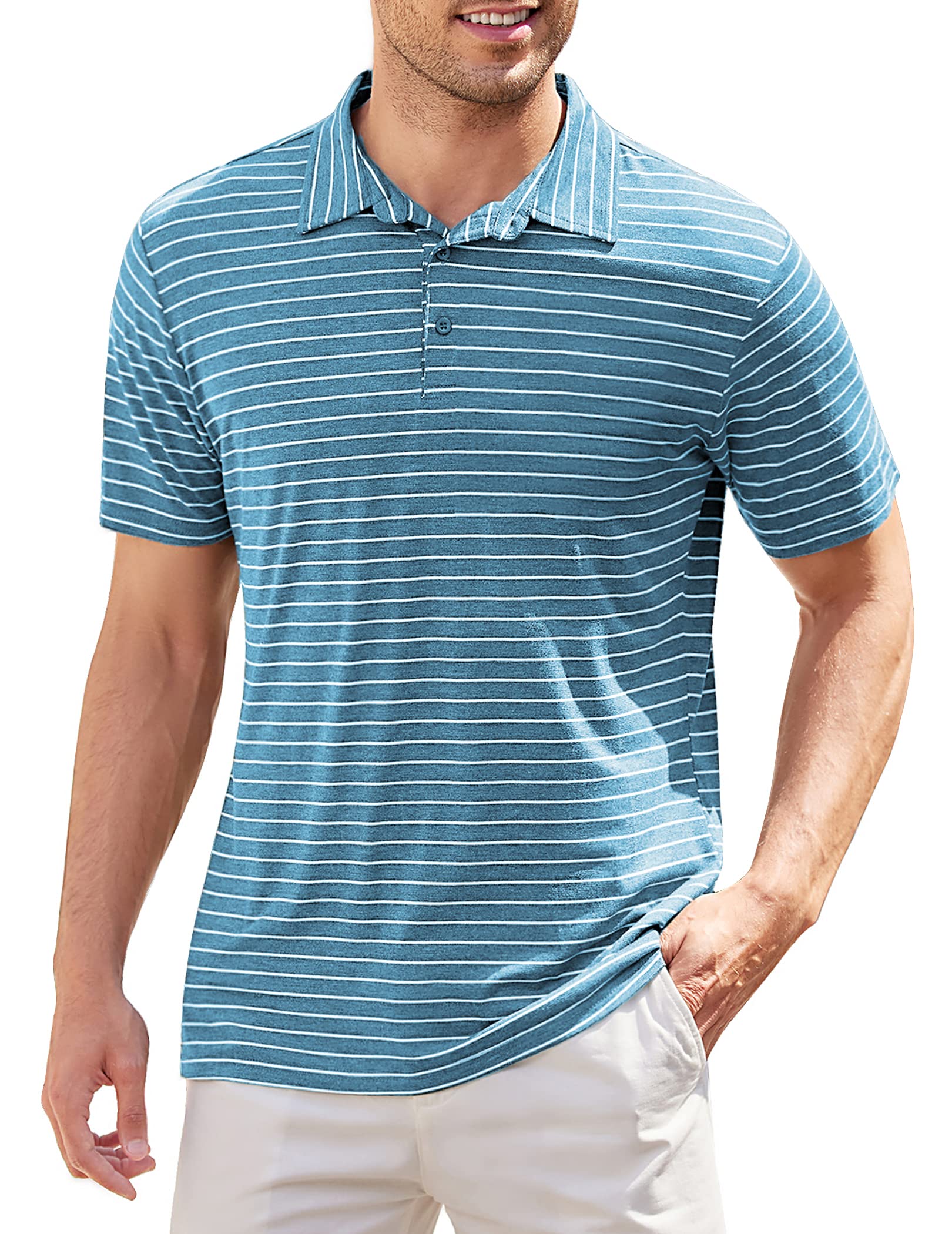 COOFANDY Men's Striped Polo Shirts Lightweight Golf Shirts Performance Polo T-Shirts,Gray Blue,X-Large