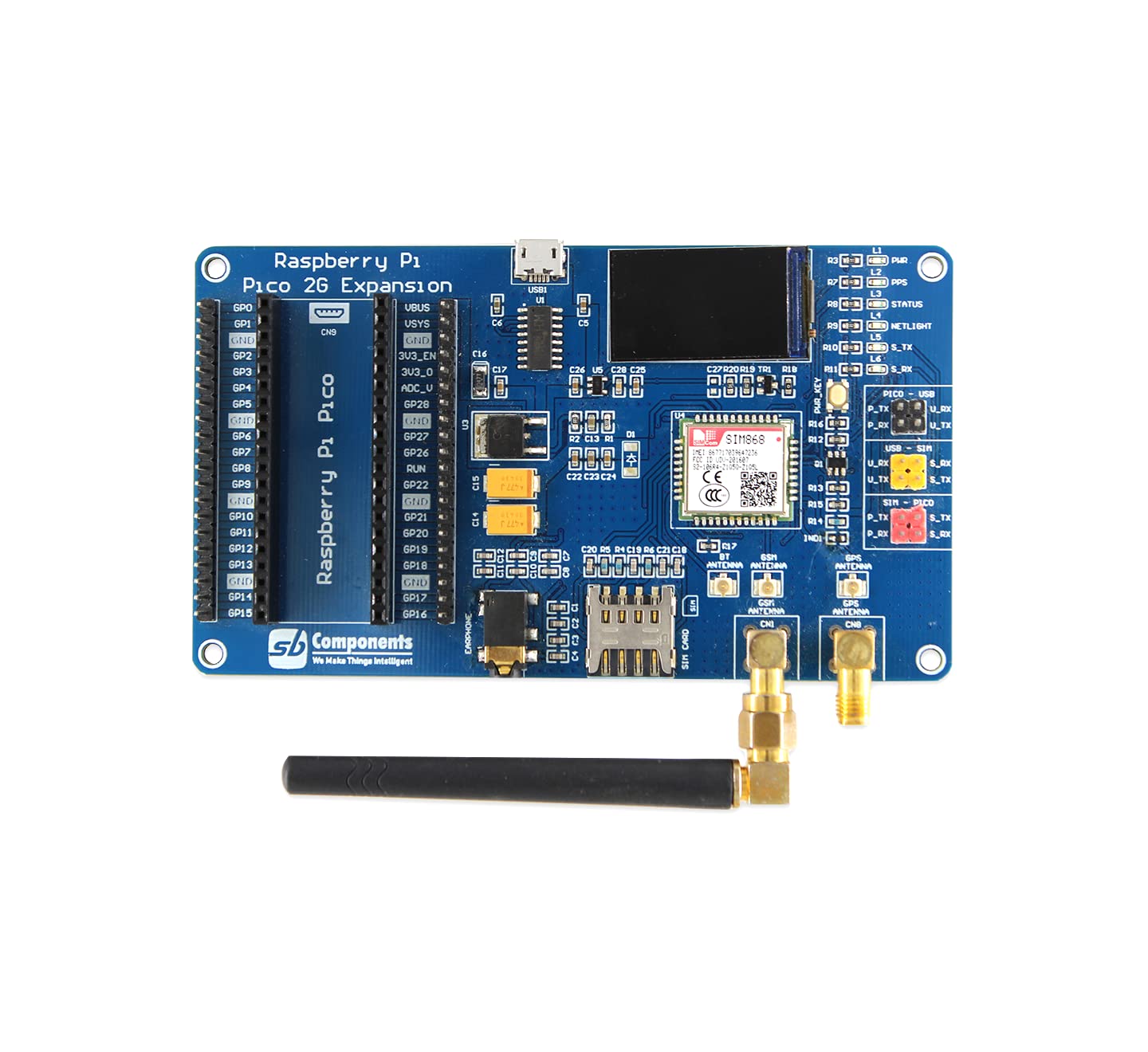 sb components Raspberry Pi Pico with Pico 2G Expansion Quad-Band GSM/GPRS/GNSS Expansion for Raspberry Pi Pico, Adds Cellular and GPS Support to The Pico