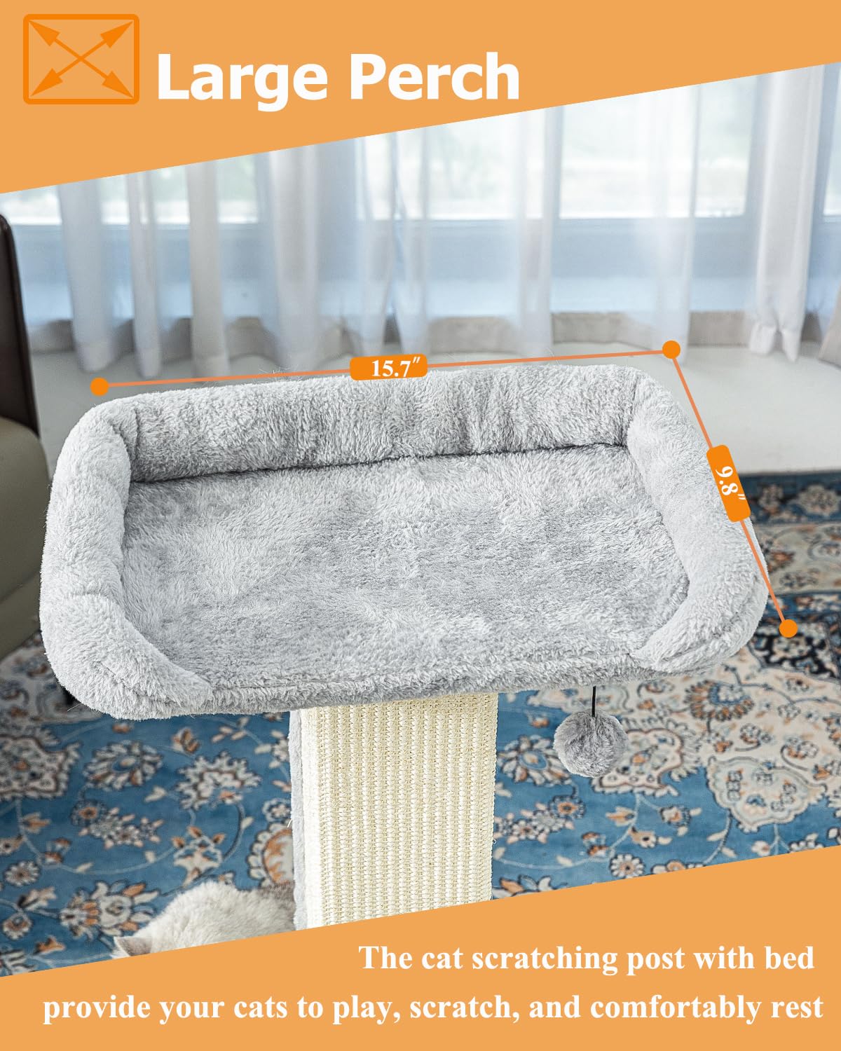 Karolpar 32" Cat Scratching Post for Indoor Cats, Sisal Cat Scratcher with Plush Perch, Large Scratch Post with Bed, Removable Cover, Sisal Fabric,Light Grey
