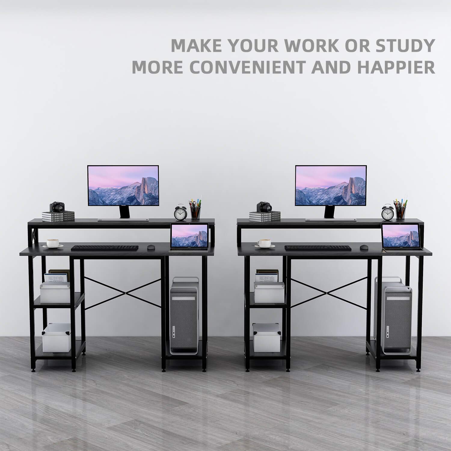 Computer Desk with Shelves - Writing Study Desk with Monitor Stand Shelf/Bookshelves/CPU Stand,Modern Study Table Stable Metal Frame Student Desk for Small Space Home Office Workstation(Black)