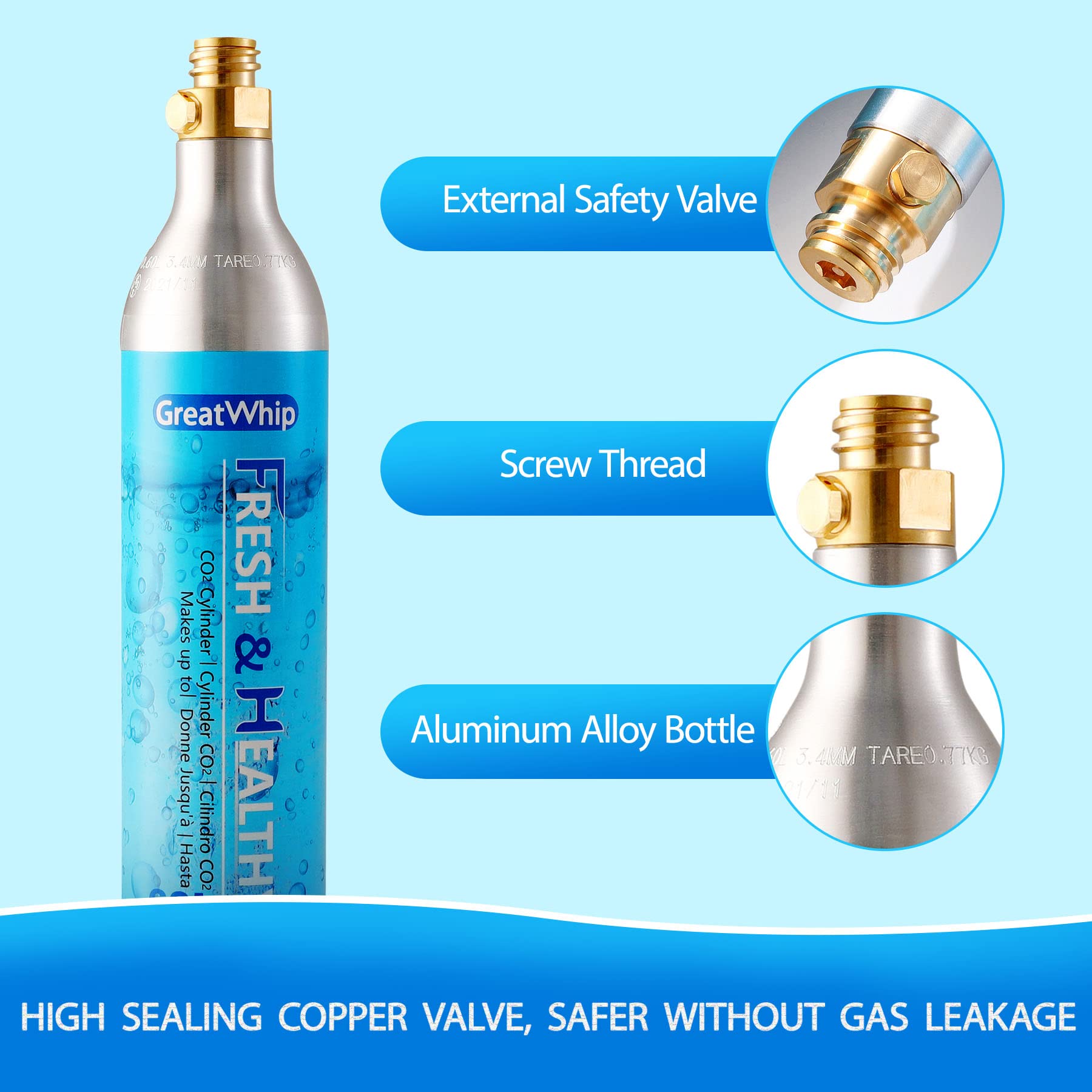 GreatWhip 60L Co2 Carbonator Sodasteam Co2 Cylinder Soda Gas Canister 14.5 oz Compatible with SodaMaker Appliances Set of 5