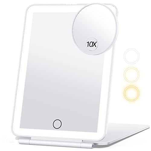 Rechargeable Travel Makeup Mirror with 10X Magnifying Mirror, Vanity Mirror with 80LEDs, 3 Color Lighting, High Capacity 2000mAh Batteries, Portable Ultra Slim Lighted Makeup Mirror, Travel Essential