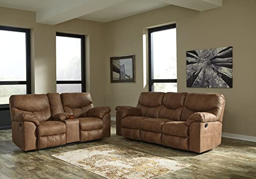 Signature Design by Ashley Boxberg Oversized Faux Leather Manual Double Reclining Loveseat with Center Console, Brown