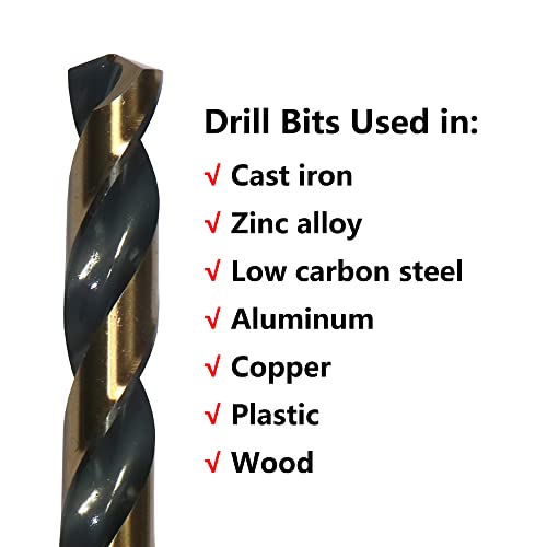 VALYRIANTOOL 12PCS 1/4" HSS Black Gold Twist Drill Bits Set, 135 Degree Split Point, Jobber Metal Drill Bit, General Purpose for Use in Mild Steel, Copper, Aluminum, Zinc Alloy, Wood, and Plastic