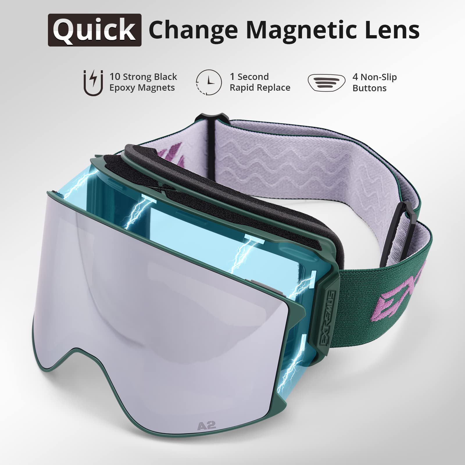 Extremus Cornice Ski Goggles with Wide-View Quick-Change Cylindrical Lens, 100% UV Protection Snow Goggles, Helmet-Compatible, OTG, Anti-Fog & Double-Water Resistant