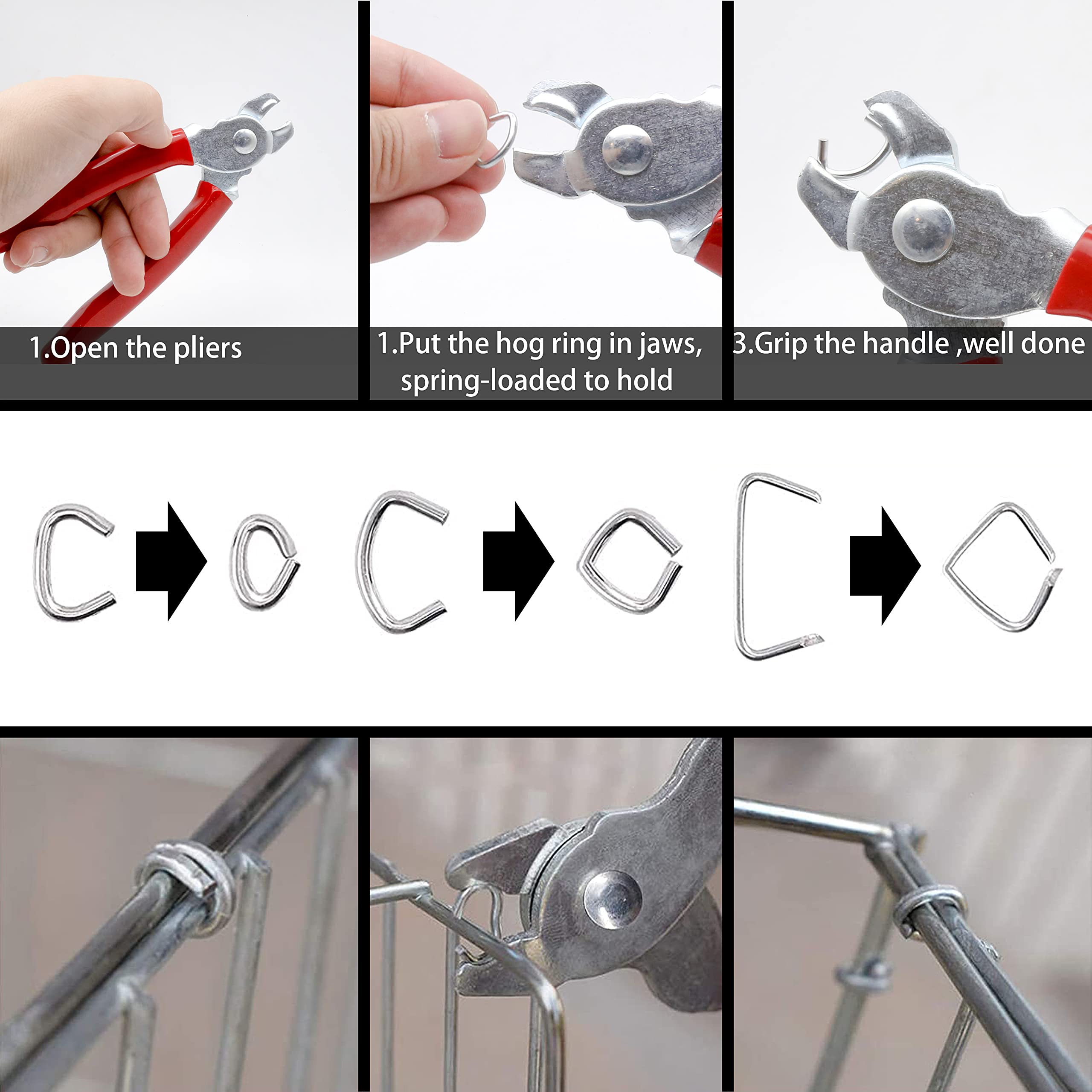 INKNOTE 270 Pcs Galvanized Hog Rings Assortment Kit (3 Sizes) & One Piece Professional Hog Ring Pliers, widely for Bungee/Animal Pet Cages/Bagging/Meat & Sausage Casing/Fencing/Furniture Upholstery