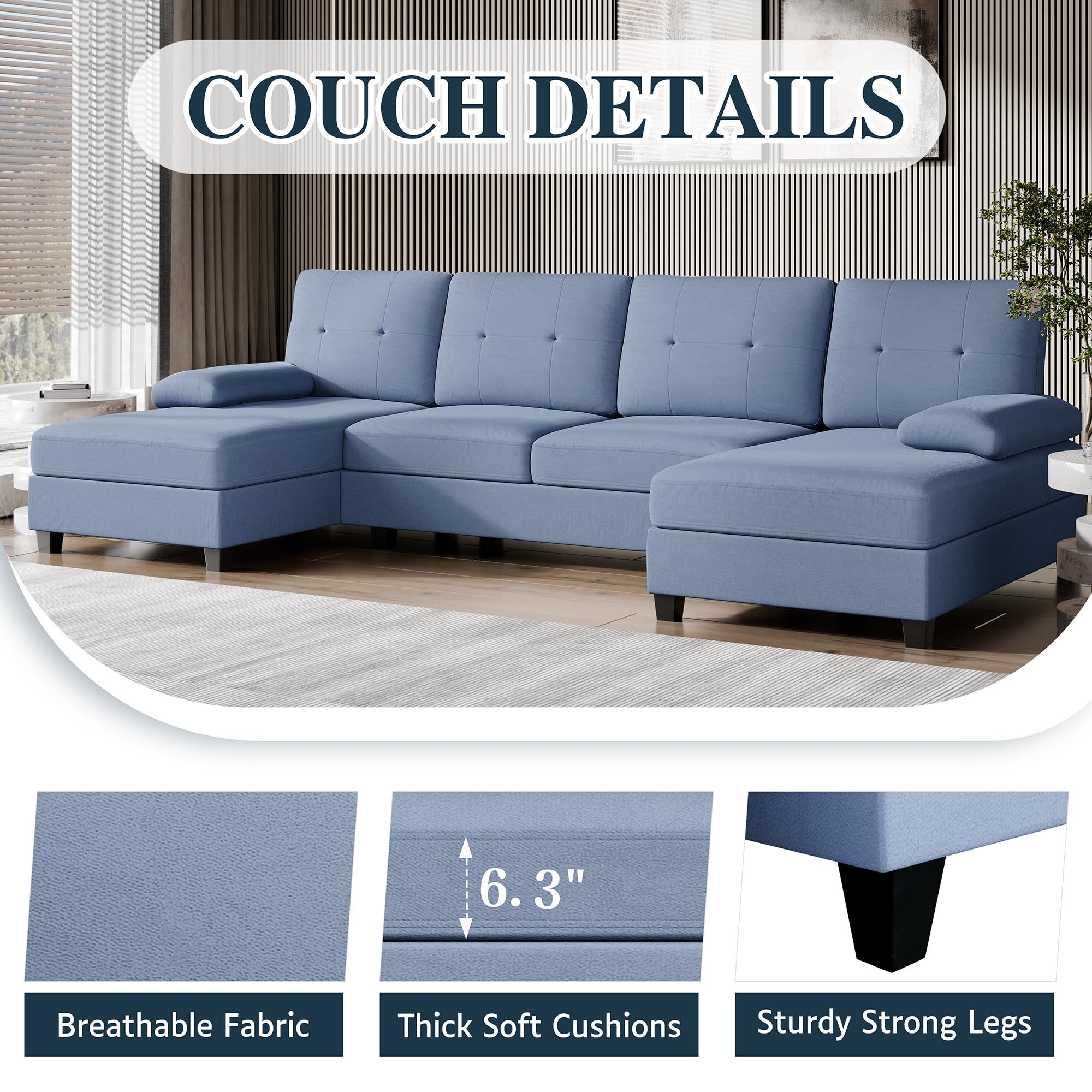Meilocar Sectional Couches for Living Room, 4 Seat Sofa Set U Shaped Couch with Wide Double Chaise, 106in Modern Sofa Fabric Large Couch with Oversized Seats (Blue)
