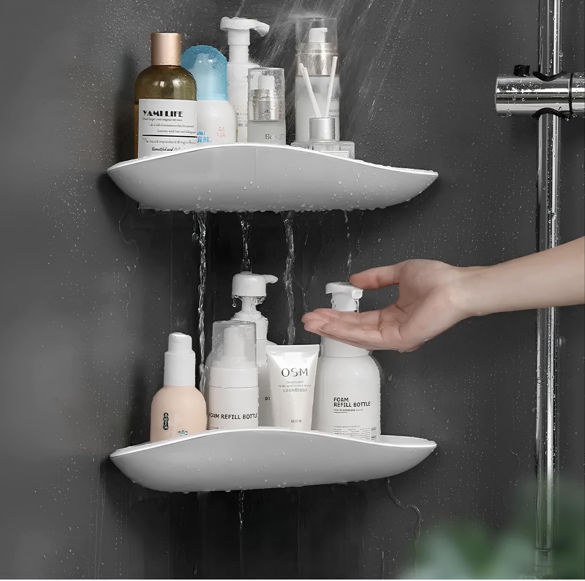 ORLDLEADER Corner Shower Shelves, Ultra Stable Heavy Duty Adhesive Shower Shelf, Shower Shelves, Bathroom Shelves, Bathroom Caddy, Fast Drain and Rustproof, GIFT STICKERS + 4 PER SET