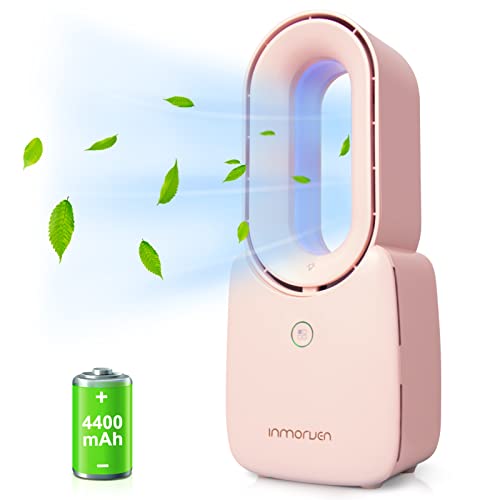 INMORVEN 4400mAh Desk Fan, 11.8 Inch Bladeless Fan Small Table Fan Quiet Battery Operated Rechargeable Cooling Portable Fans with 4 Speeds 5 Colors Decorative LED Light for Home Lounge Office, Pink