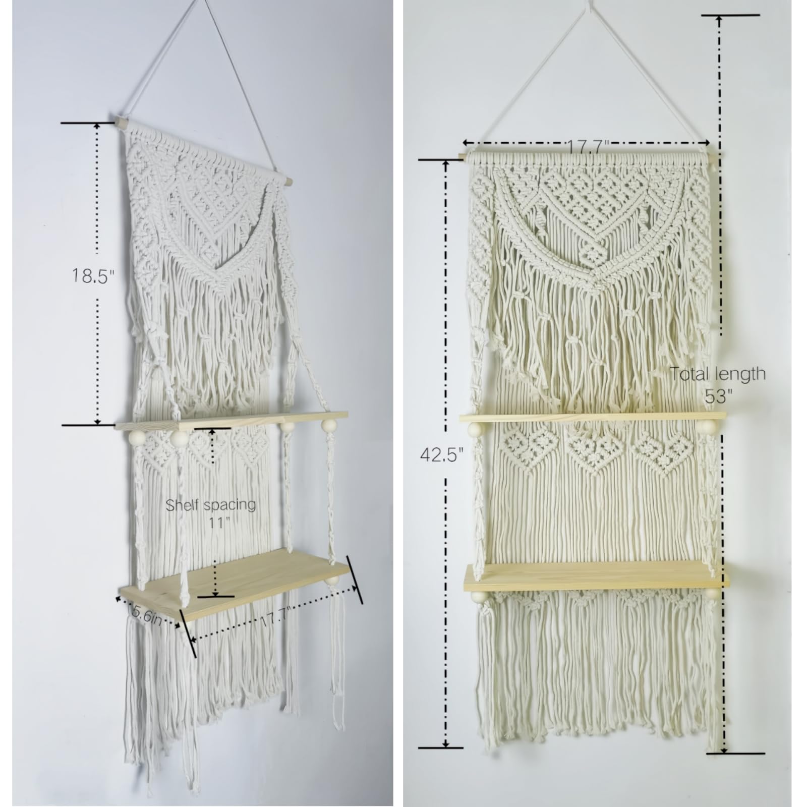 MELLAQUEST Macrame Wall Hanging Shelf - 2 Tier Boho Shelves with Woven Rope Handmade Floating Plant Shelf, Bohemian Home Decor,Shelf Organizer for Kitchen, Living Room,Bedroom,Bathroom(17.7" x 42.5")