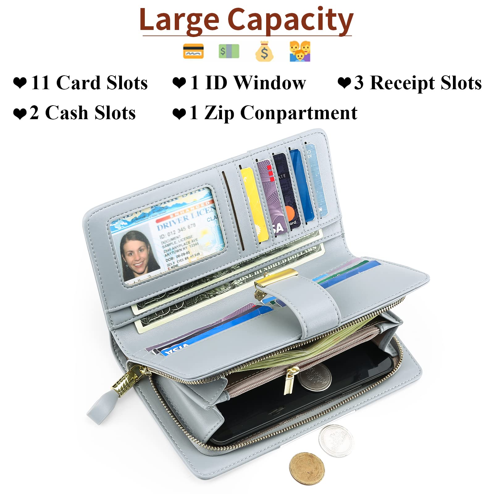 GOIACII Wristlet Women's Wallet Large Capacity Credit Card Holder for Women RFID Blocking