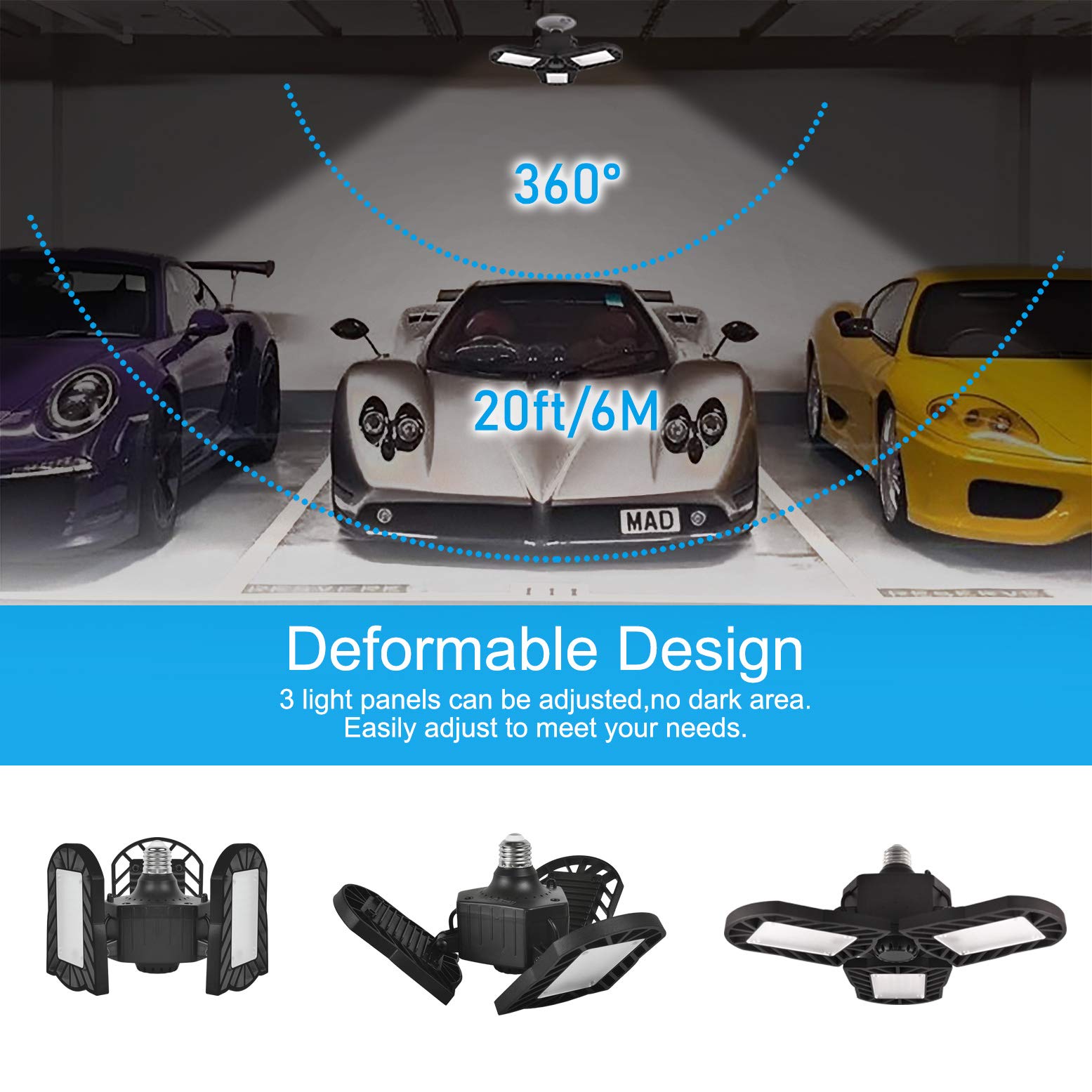 Deformable LED Garage Light,Winshine E26 Base 6000LM 60W Triple Light Garage Ceiling Lamp,6000K Daylight LED Shop Light,3 Adjustable Panels Bay Lighting for Garage,Warehouse,Barn (NO Motion Activated)