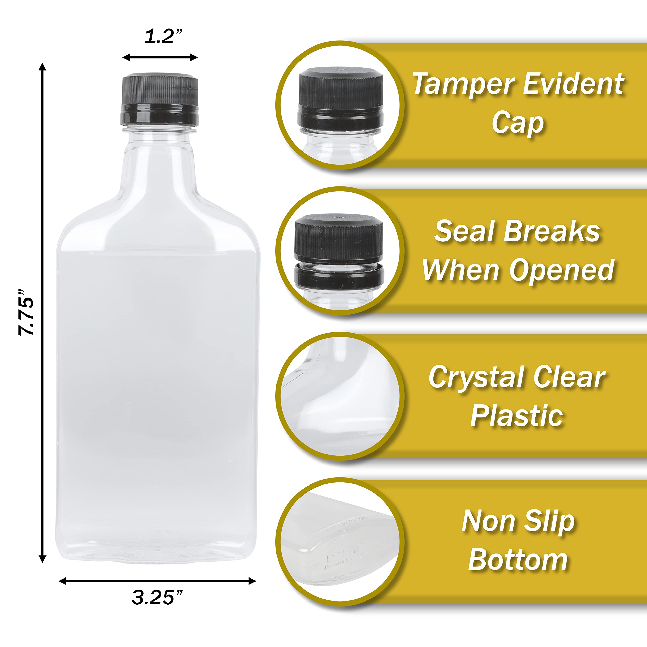Pellah 375 ml (12.7 Oz.) Plastic Flask PET Clear Bottle For Beverage Liquor Sauce Juice Honey With Tamper Evident Seal(24 Pack) (Black Lids)