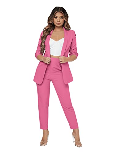 SweatyRocks Women's 2 Piece Solid Ruched Sleeve Blazer and Pants Business Office Suit Set Hot Pink L