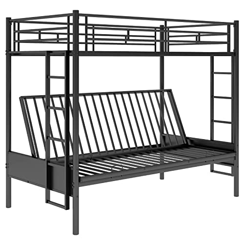 Twin Over Futon/Full Bunk Bed Convertible Metal Bunk Beds Couch and Bed for Kids Boys Girl Adults Teens Dorm, Black