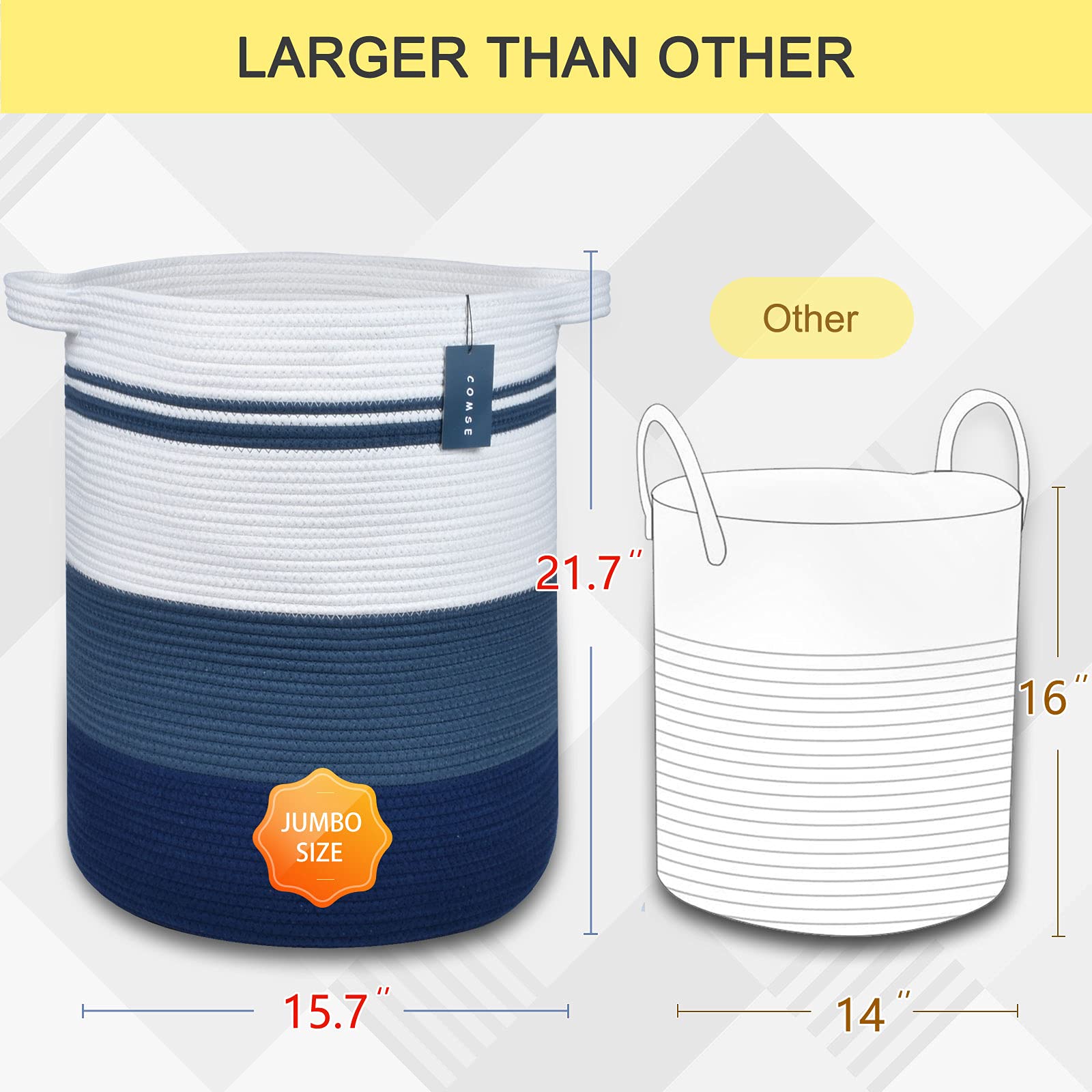 COMSE Extra Large Blanket Basket, High Storage Basket, Tall Rope Laundry Basket, 15.7βx 21.7β, XXXL Cotton Rope Basket, Woven Laundry Basket, Toy Basket, Clothes Baskets,Woven Basket,Gradient Blue