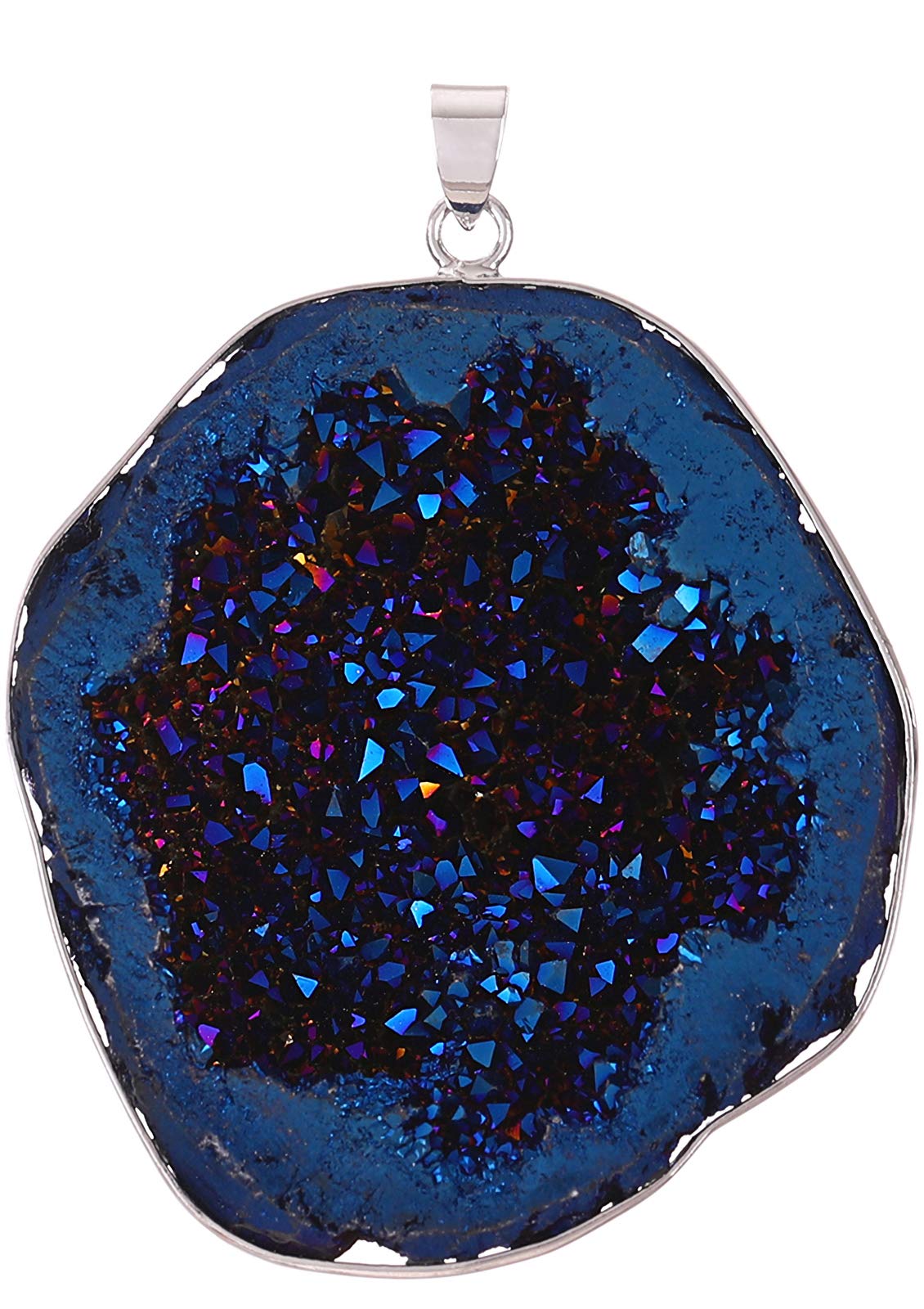 CXD-GEM Natural Agate Titanium Coated Crystal Geode Druzy Gemstone Pendant Hand-wrapped Pendant for Jewelry(Blue)