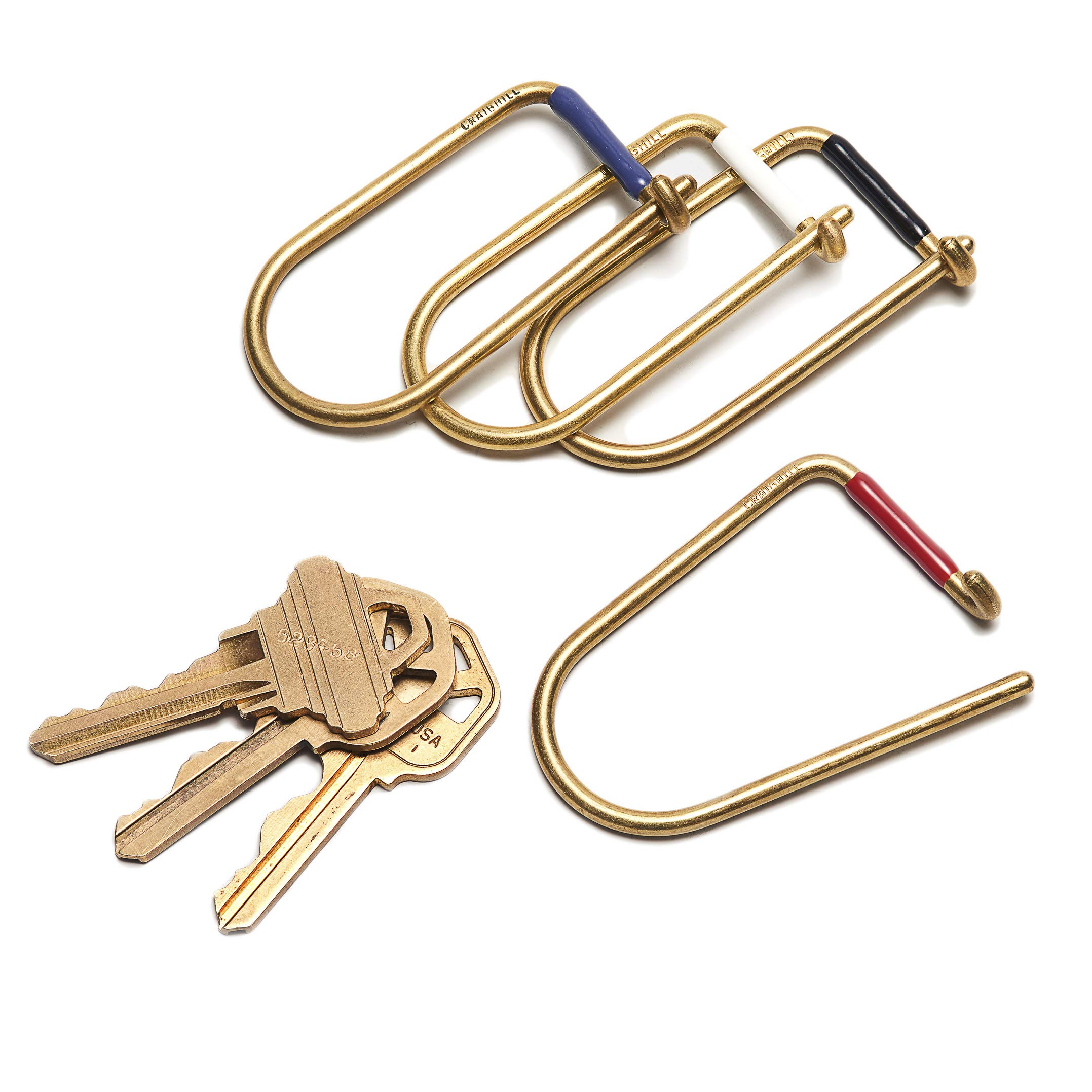 Craighill Wilson Brass Keyring - 2” Carabiner Keychain Clip, Minimalist Key Ring for Car Keys, Heavy Duty, Lightweight, D Ring Key Organizer - White Stripe