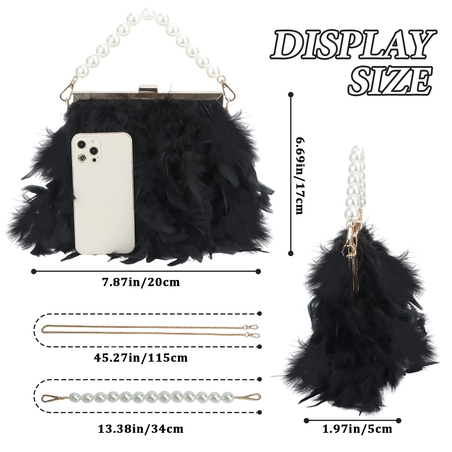GOKTOW White Champagne Feather Clutches Purses for Women Bag,Pearl Fluffy Evening Handbags for Wedding Anniversary Party,White