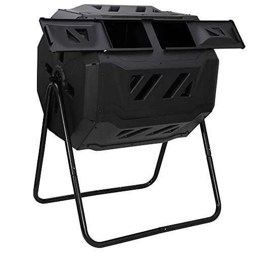 JupiterForce Dual Chambers Rotating Composting Bins, Outdoor Recycling Tumbling Composters with 2 Sliding Doors for All-Season, Garden, Yard Waste, Black(43 Gallons)