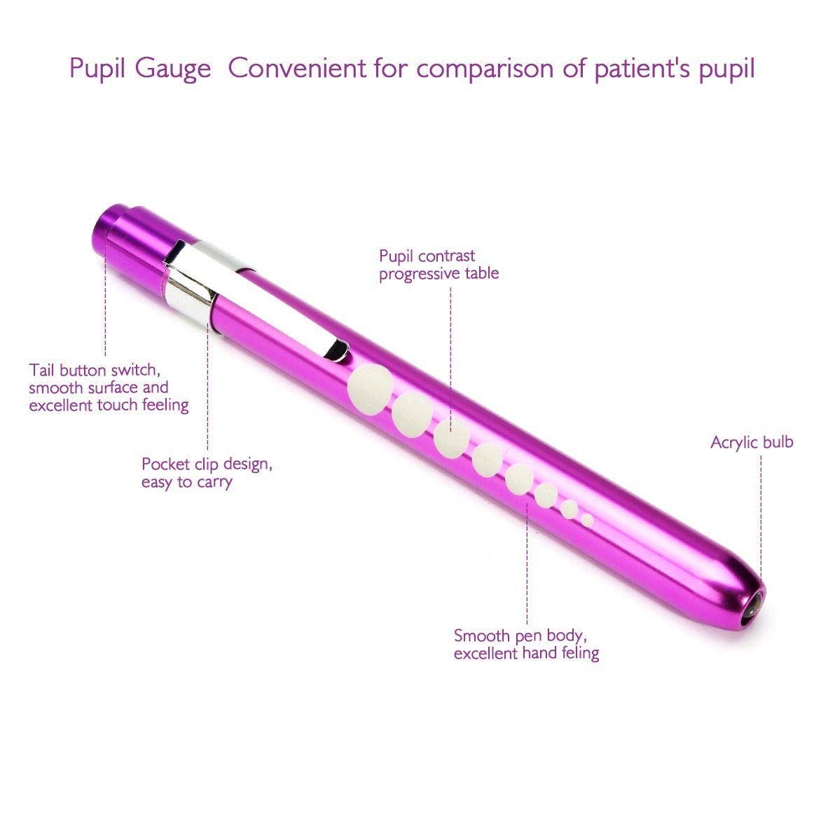 Penlight Reusable Medical Aluminum LED Pen Light with Pupil Gauge for Nurses Doctors Students with Pocket Clip (Pink)