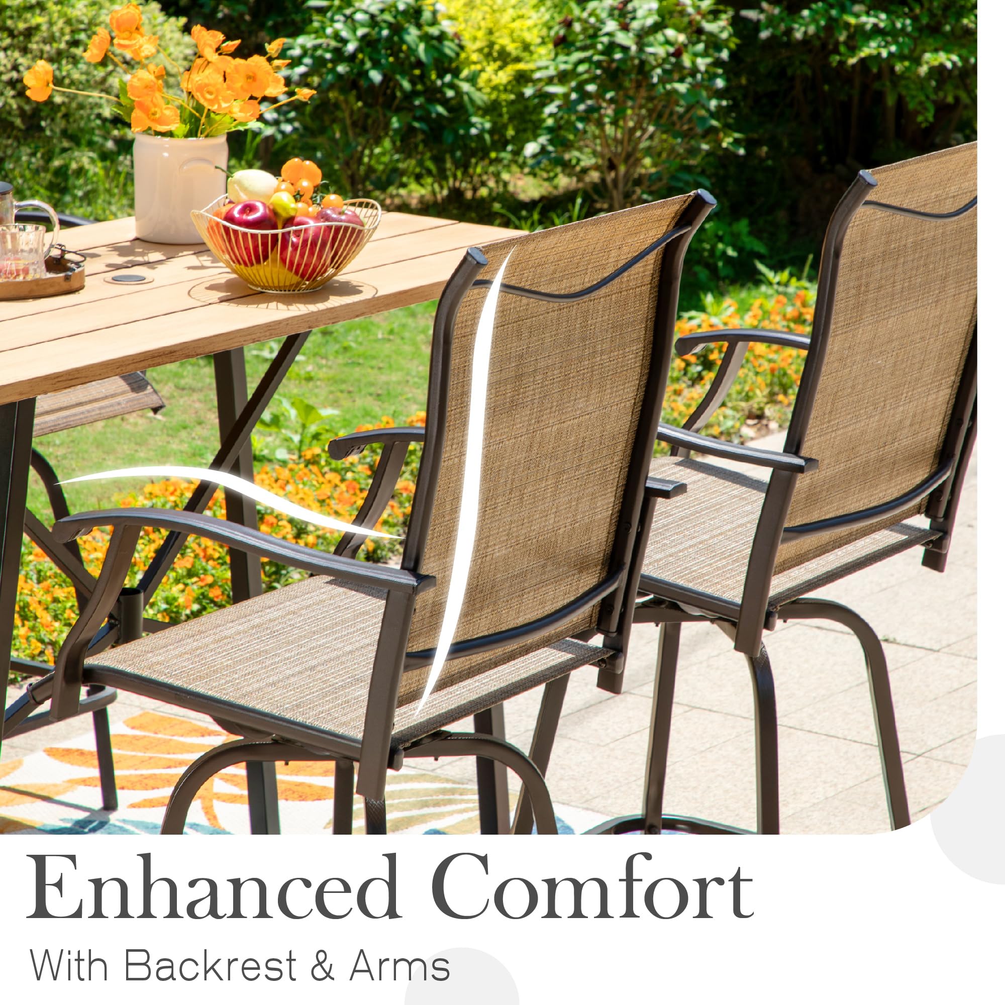 Sophia & William Patio Swivel Bar Stools Set of 4, Bar Height Patio Chair, High Top Patio Chairs, Supports 300 lbs (Brown Fabric)