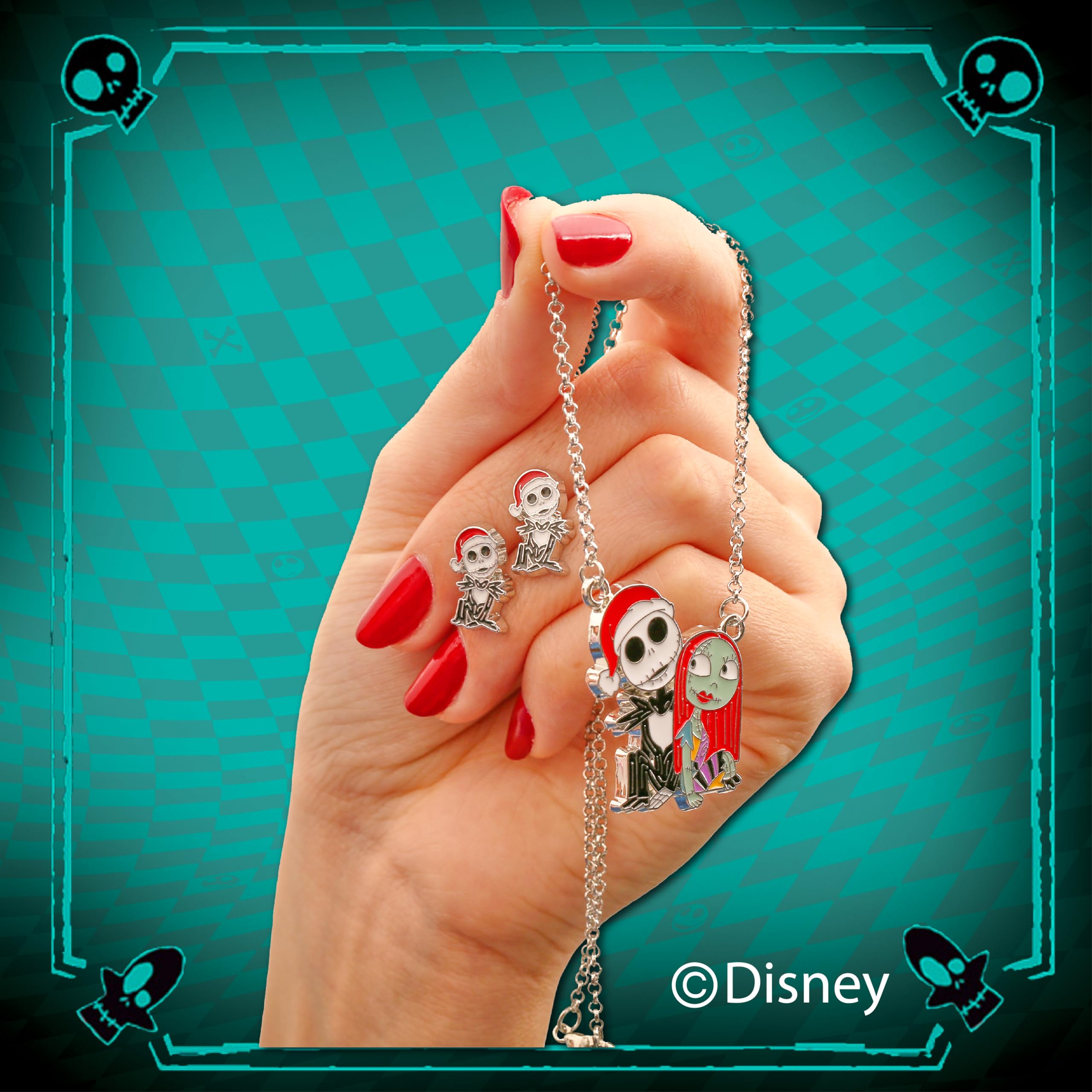 Disney The Nightmare Before Christmas Womens Stud Earrings and Necklace Set - Jack and Sally Necklace - Jack Skellington Stud Earrings