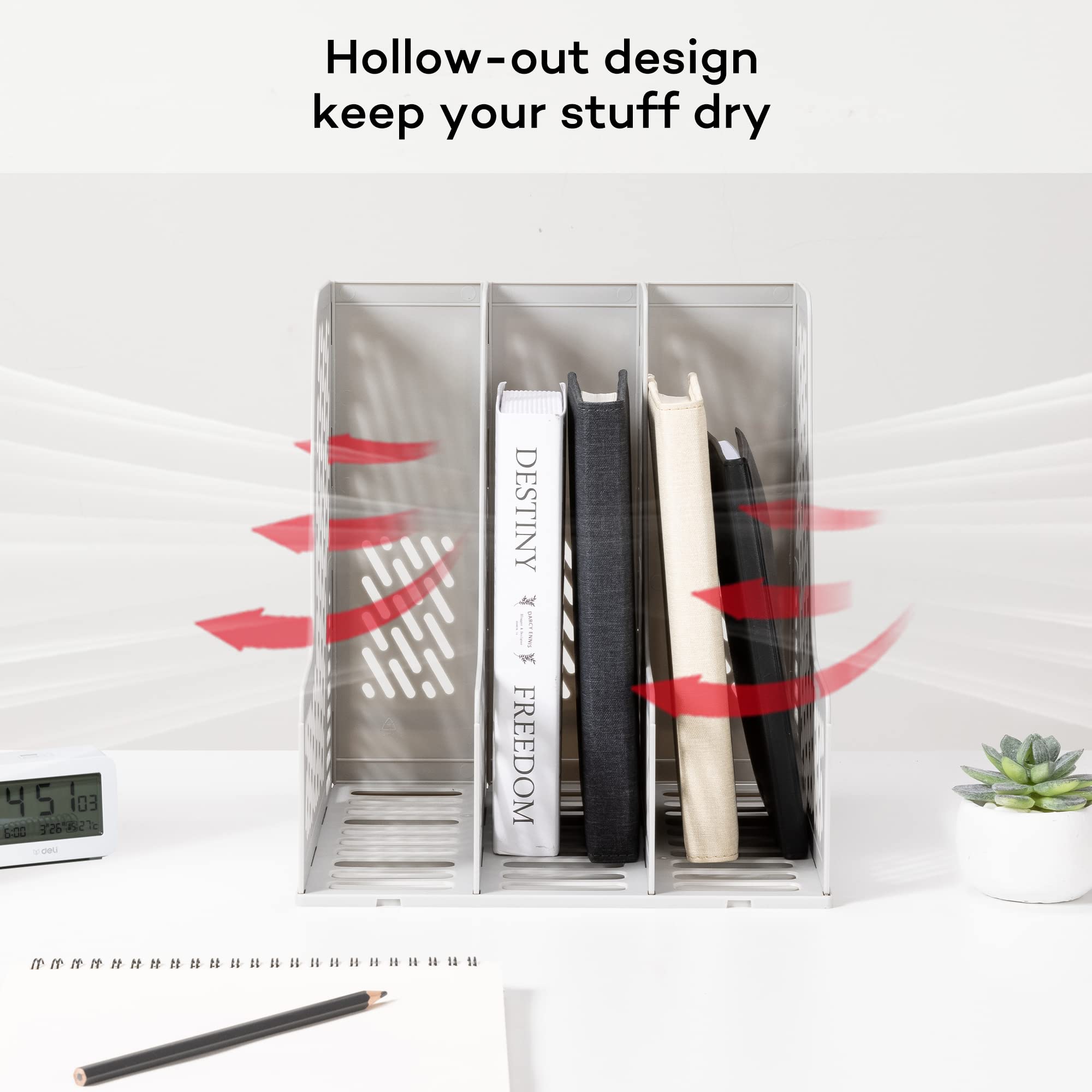 deli Magazine File Holder, Desk Organizer File Folder for Office Organization and Storage, Sturdy Plastic Binder Organizer, 4 Vertical Compartments, Black