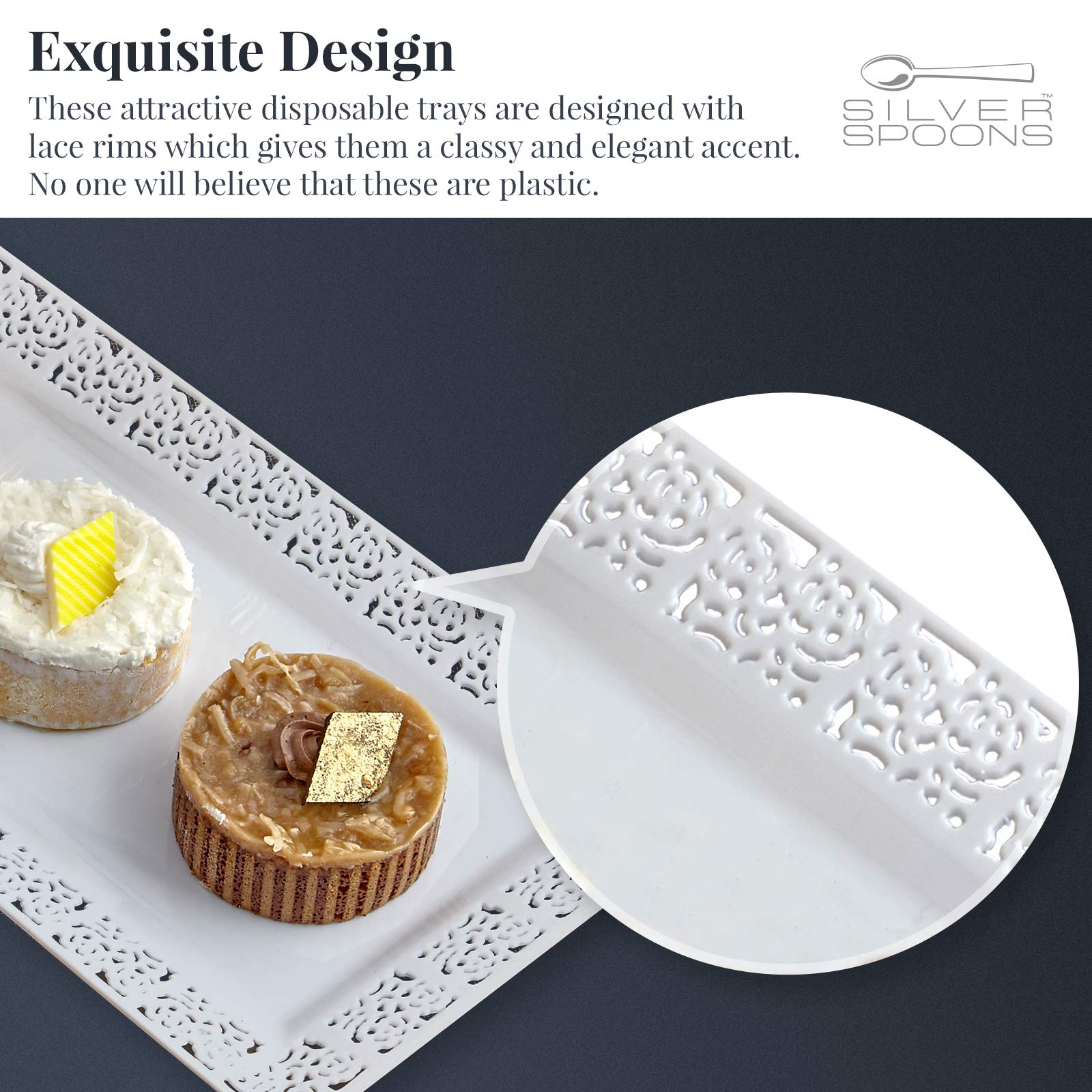 Silver Spoons DISPOSABLE LACE TRAYS | for Upscale Wedding and Dining | 6 pc | White | 14β x 7.5β -